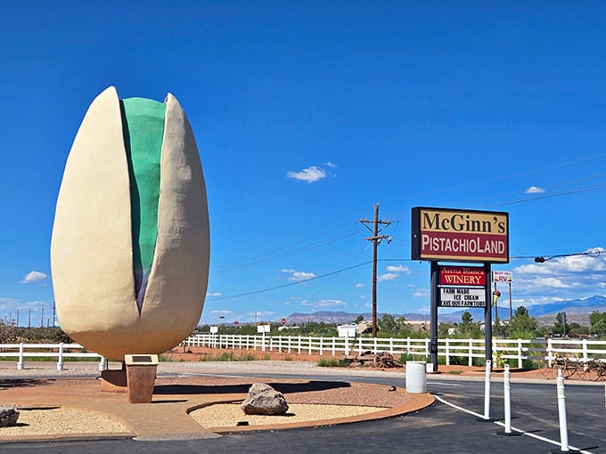 The world's most ambitious pistachio stands proudly against the New Mexico sky, proving that sometimes size really does matter in the roadside attraction game.
