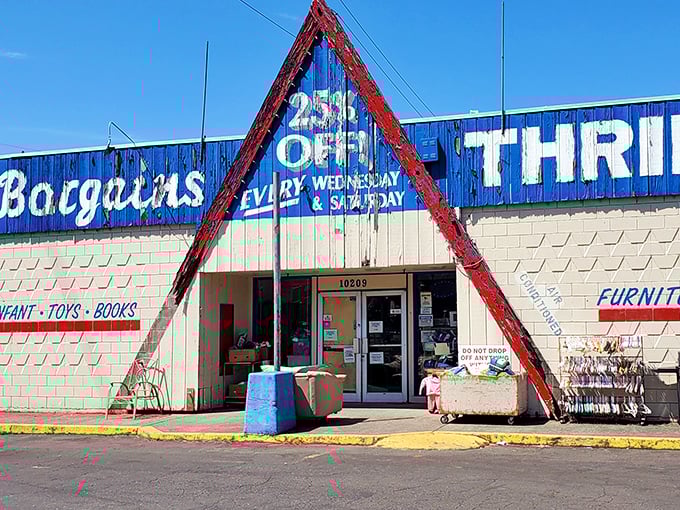 The iconic blue and red triangular entrance to Better Bargains promises treasure hunting adventures and Wednesday discounts that'll make your wallet do a happy dance.