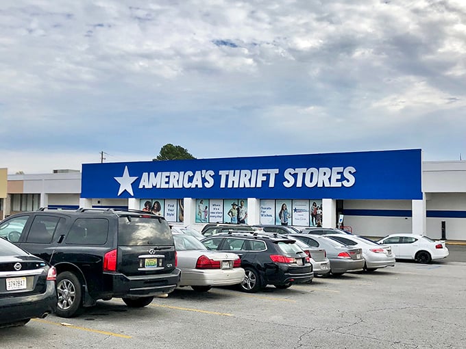 The blue and white storefront beckons like a bargain beacon. Even the parking lot hints at the treasure-hunting popularity inside.