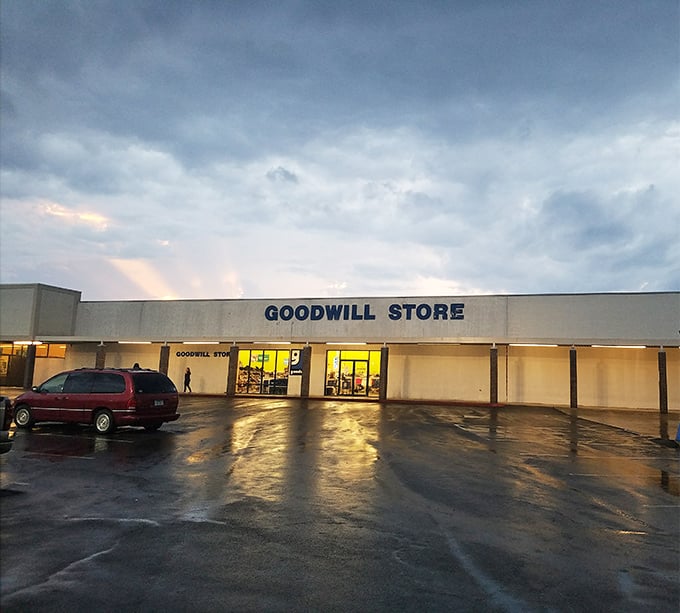 Even after a rainstorm, North Little Rock's Goodwill glows with promise—a treasure trove of possibilities waiting just beyond those doors.