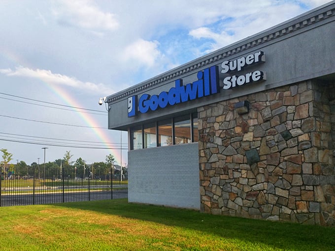 Even rainbows point the way to Goodwill's Super Store in Bridgeport, where fashion treasures await beneath that iconic blue sign.