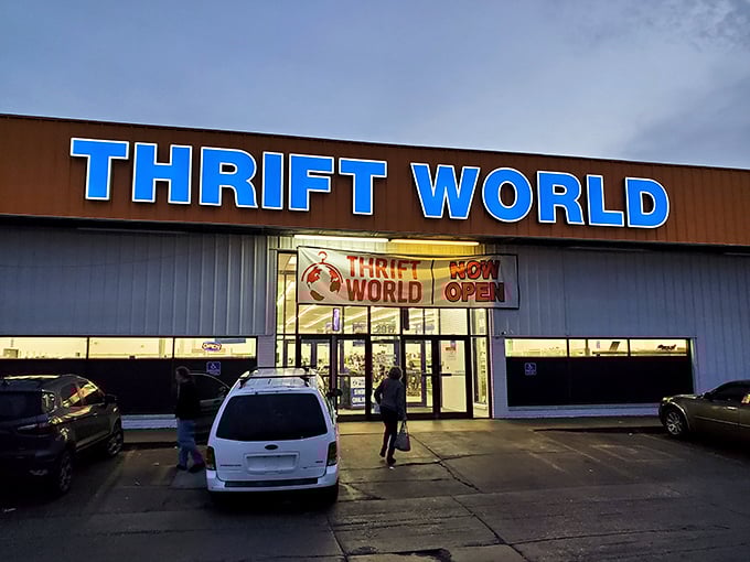 Dusk settles over Thrift World as shoppers make their final discoveries of the day – thrifting magic happens at all hours here.