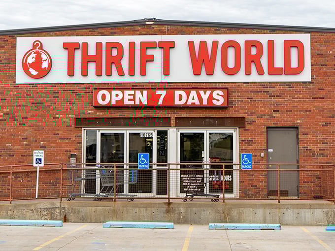 The iconic red Thrift World sign beckons bargain hunters like a lighthouse for the frugally fabulous. Open seven days for your treasure-hunting convenience!