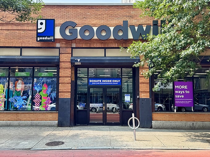 The brick facade of Brooklyn's Goodwill welcomes treasure hunters with its iconic blue signage—urban thrifting's equivalent of finding the entrance to Narnia.
