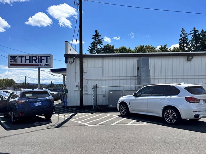 The unassuming exterior of Red White & Blue Thrift Store in Gladstone belies the treasure trove waiting inside. Like a poker player with a royal flush, it keeps its best cards hidden.