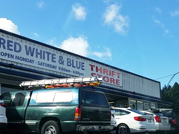 The unassuming exterior of Red White & Blue Thrift Store in Gladstone hides a universe of treasures waiting to be discovered inside.