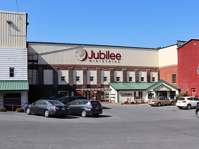 The unassuming exterior of Jubilee Ministries belies the treasure trove within—like finding a gourmet meal at what looks like a greasy spoon.