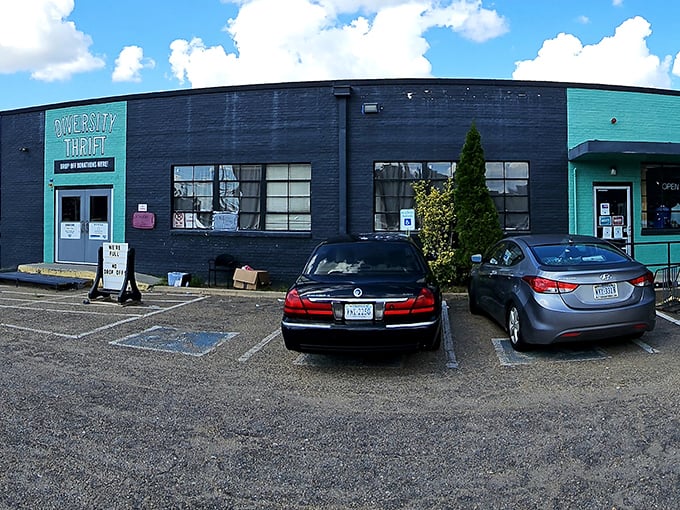 The teal sign calls out to bargain hunters like a siren song, hinting at the treasure trove waiting inside Diversity Thrift’s unassuming exterior.