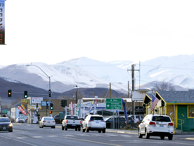 Main Street Fernley stretches out under those impossibly big Nevada skies, where mountains frame your everyday commute like nature's own IMAX screen.