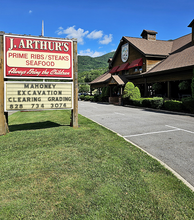 The mountain lodge exterior promises comfort food without the fuss—exactly what you're hoping to find in Maggie Valley.