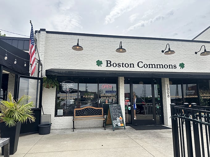 The white-brick façade with green shamrocks flanking the Boston Commons sign promises a taste of New England that feels delightfully out of place in Nashville.