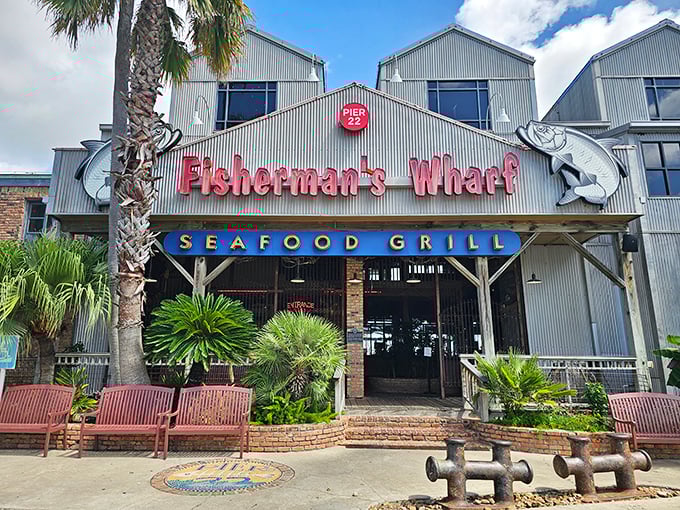 The corrugated metal exterior and iconic red sign aren't trying to impress anyone—which is exactly why they do. Pure Gulf Coast authenticity awaits.