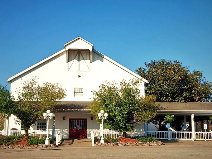 That white barn-style building isn't storing hay – it's housing some of Indiana's most memorable fried chicken and country cooking.
