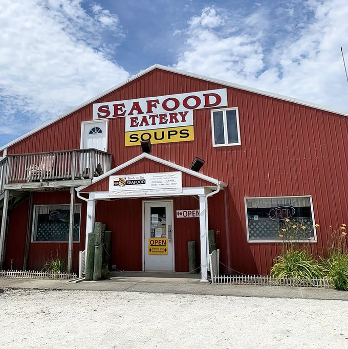 The bright red barn exterior of Beach to Bay isn't trying to be fancy—it's too busy housing some of Maryland's finest seafood treasures.