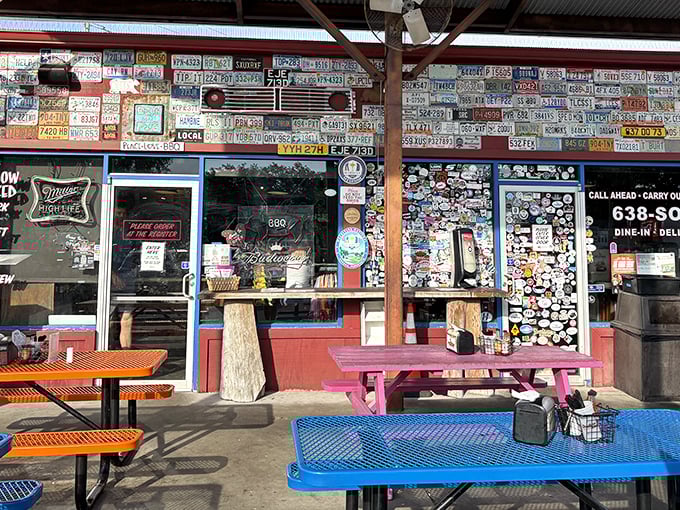 License plate heaven! Southern Soul's exterior is a roadmap of barbecue pilgrimages past, with colorful picnic tables inviting you to join the congregation.
