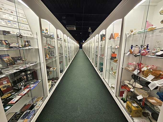 A mesmerizing corridor of display cases creates a collector's paradise, with each glass cabinet offering a different journey into the past.