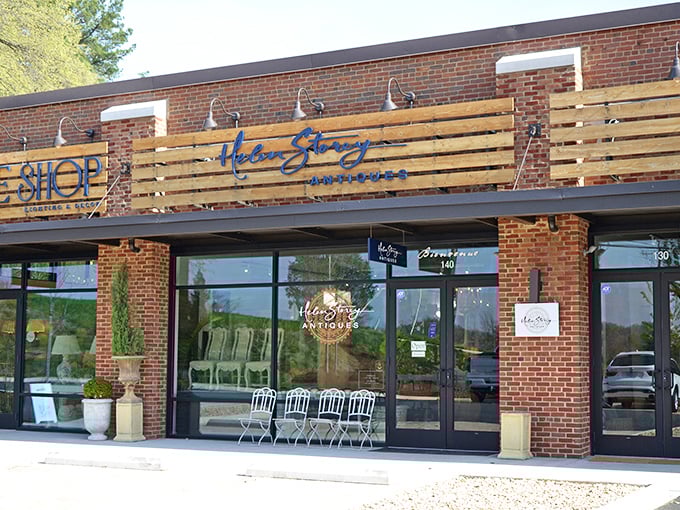 The brick-and-wood façade of Helen Story Antiques promises treasures within—like a book you can't wait to open.