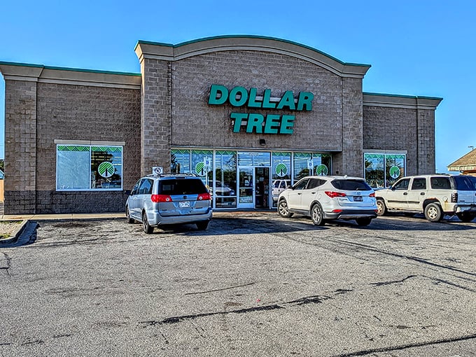 The beige brick fortress of frugality stands proud with its teal signage—a beacon for bargain hunters across Wisconsin's western suburbs.