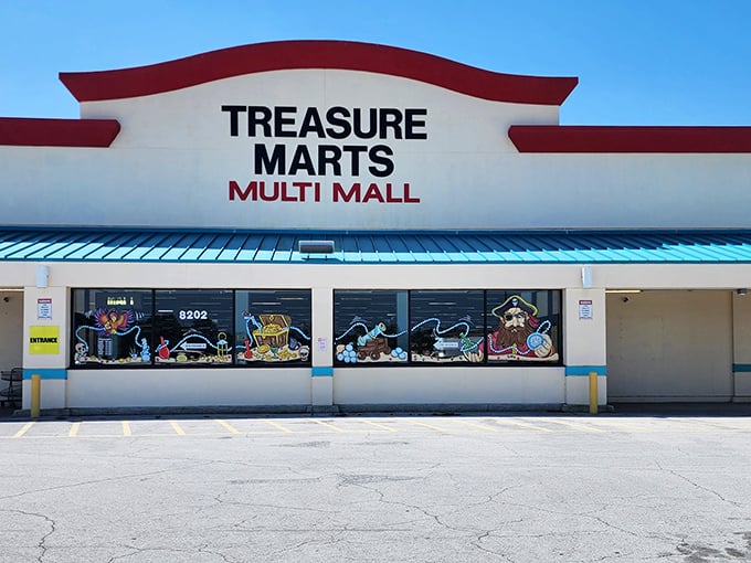 The iconic Treasure Marts facade beckons bargain hunters with its bold signage and pirate-themed windows—a siren call to thrifters everywhere.