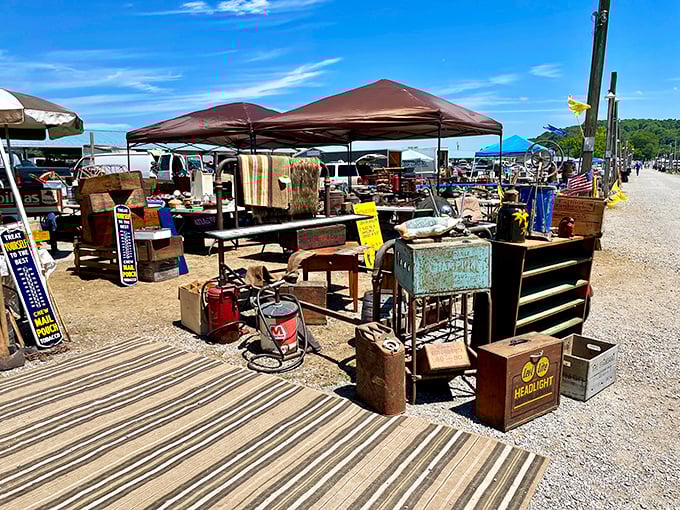 Treasure hunting paradise! Vintage metal signs, weathered wooden crates, and mysterious gadgets await under colorful canopies stretching toward the horizon.