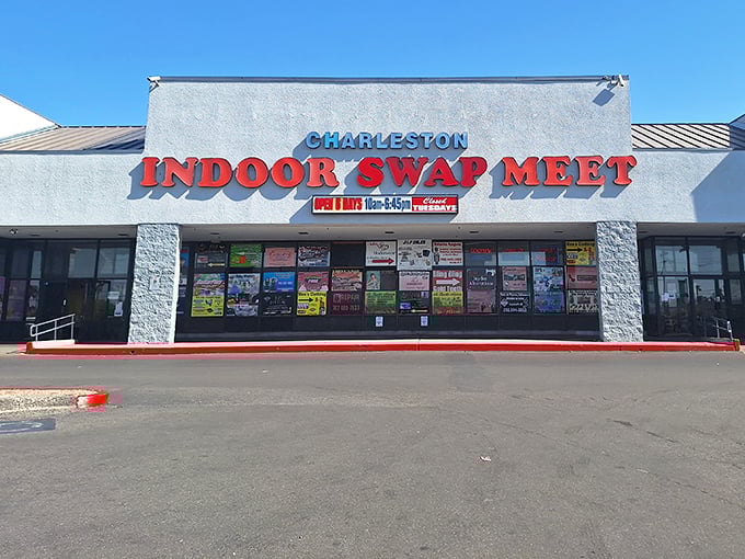 The unassuming exterior of Charleston Indoor Swap Meet hides a treasure trove within—like finding a secret portal to bargain heaven in the Nevada desert.