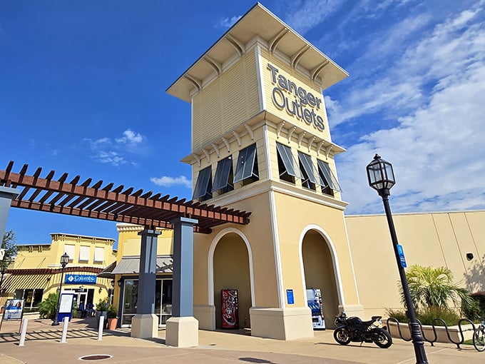 That Mediterranean-inspired entrance tower isn't fooling anyone – this is serious Texas shopping territory ahead.