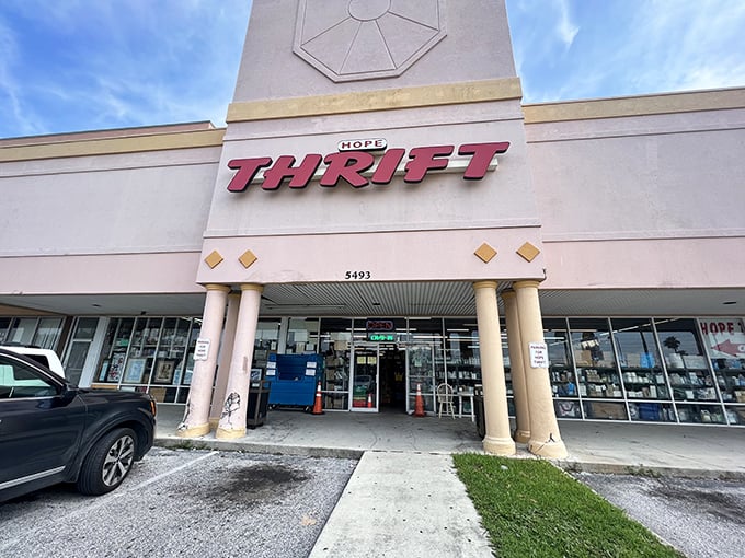 The unassuming storefront of Hope Thrift beckons bargain hunters with its bold red signage—a retail treasure chest disguised as just another strip mall tenant.