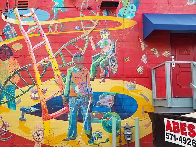 This vibrant mural outside Tip Top captures the whimsical spirit of thrifting – a colorful reminder that one person's castoffs become another's treasured discoveries.