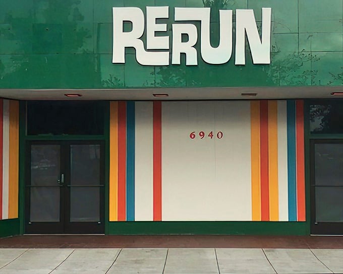 RERUN's vibrant exterior is like a mid-century modern time portal. Those rainbow stripes aren't just decoration—they're a promise of the colorful treasures waiting inside.