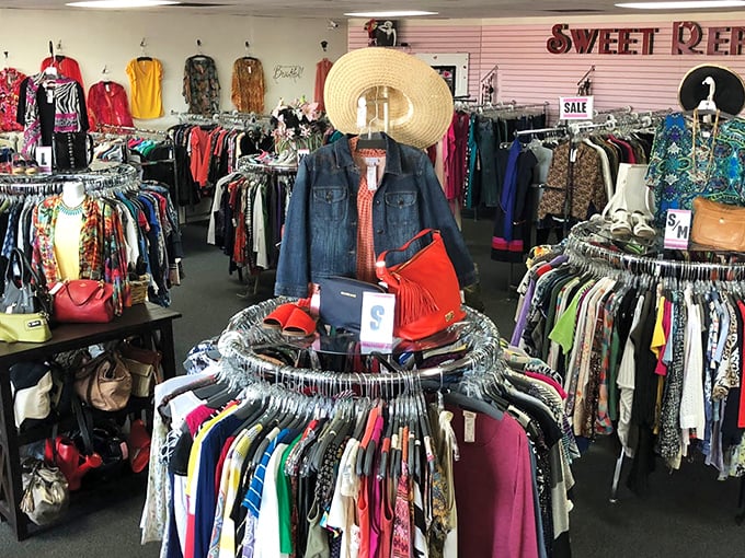 A fashion treasure hunt awaits! Sweet Repeats' clothing section is organized chaos at its finest, where vintage gems hide among everyday finds.