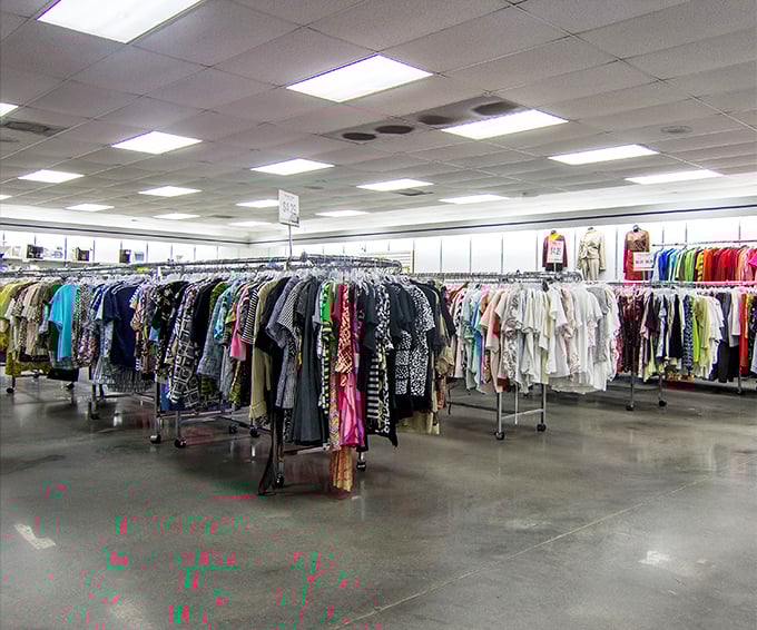 Racks upon colorful racks of clothing stretch toward the horizon, a textile rainbow promising fashion gold for the patient explorer.