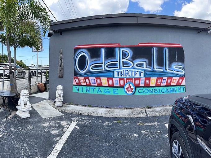 The neon-bright exterior of OddBalls announces itself like Vegas for vintage lovers, complete with guardian lion statues standing sentry at the entrance.