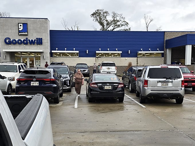 The blue and beige exterior of Goodwill beckons like a siren call to treasure hunters. Your next great find awaits behind these doors!