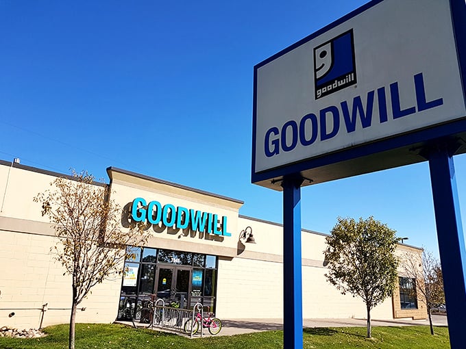 Same Goodwill sign, different angle – because sometimes good things deserve a second look, just like that vintage jacket inside.