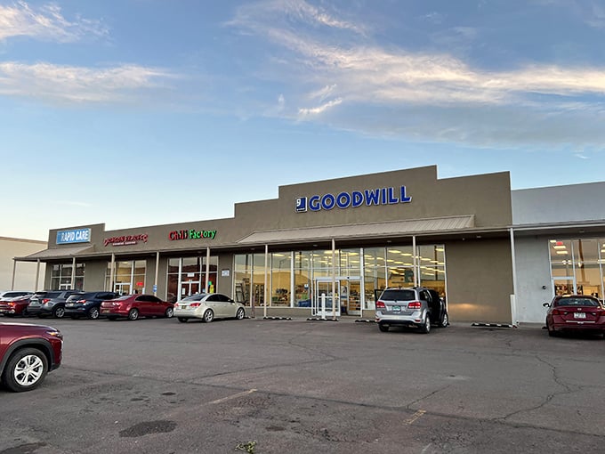 A wider view reveals Goodwill's prime real estate, nestled between the Chili Factory and Lady Luck—because finding vintage treasures works up an appetite!