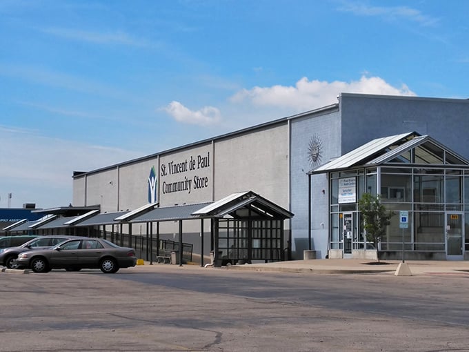 The unassuming exterior of CityThrift St. Vincent de Paul belies the treasure trove within—like finding a secret portal to bargain heaven in suburban Dayton.