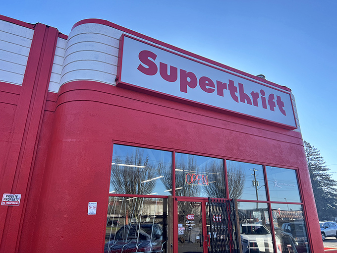 With its Art Deco-inspired curves and bold signage, SuperThrift's entrance promises treasure hunting adventures that won't require a second mortgage.