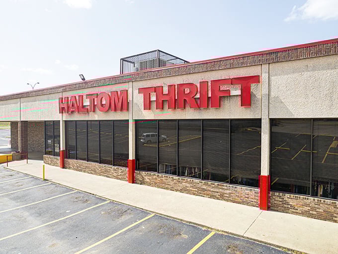 The bold red letters of Haltom Thrift stand like a beacon of bargain hope against the Texas sky. Treasure hunting starts here!
