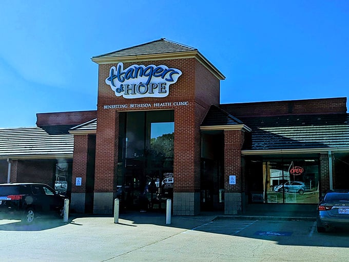 Another angle of thrift paradise – where your $40 trunk-filling adventure begins under that iconic blue sign in Tyler.