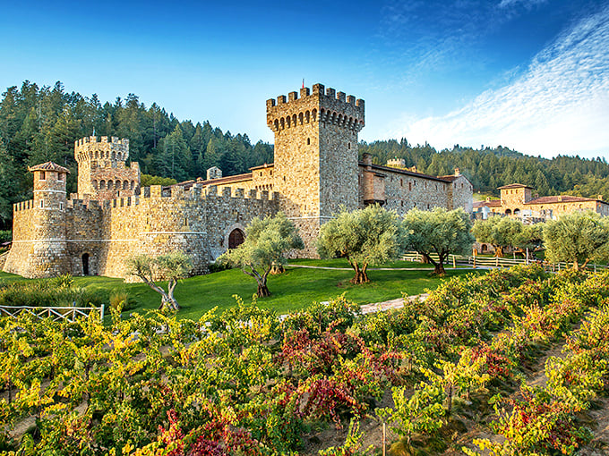 Stone towers rising from vineyards – because someone decided Napa needed its own Game of Thrones set.