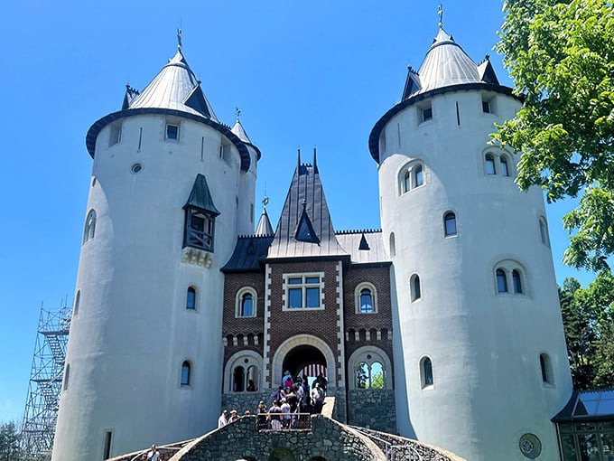 In a close-up view, Castle Gwynn’s white towers rise with timeless elegance, looking as though they were lifted straight from the pages of a fairy tale storybook.