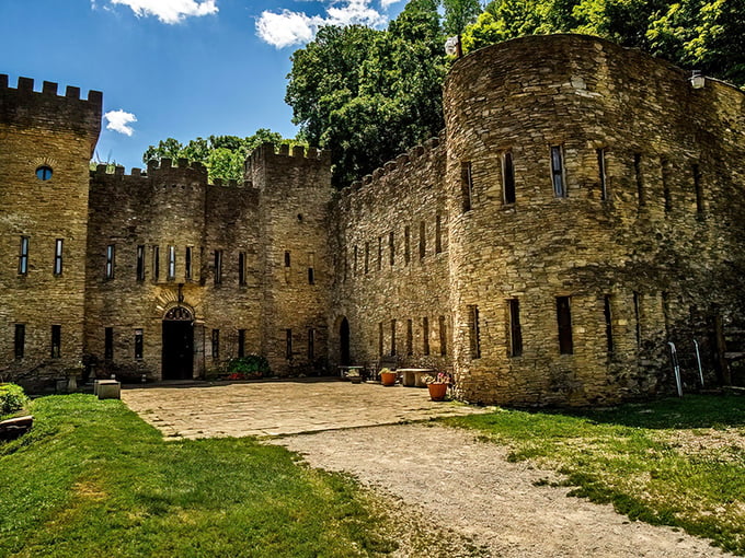 The stone fortress rises from the Ohio landscape like a medieval mirage, complete with crenellated towers and battlements that would make any castle enthusiast swoon.