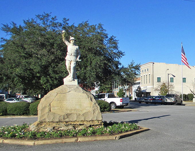 Downtown Eufaula's war memorial stands as a dignified sentinel, watching over Broad Street as it has for generations, a timeless tribute amid modern life.