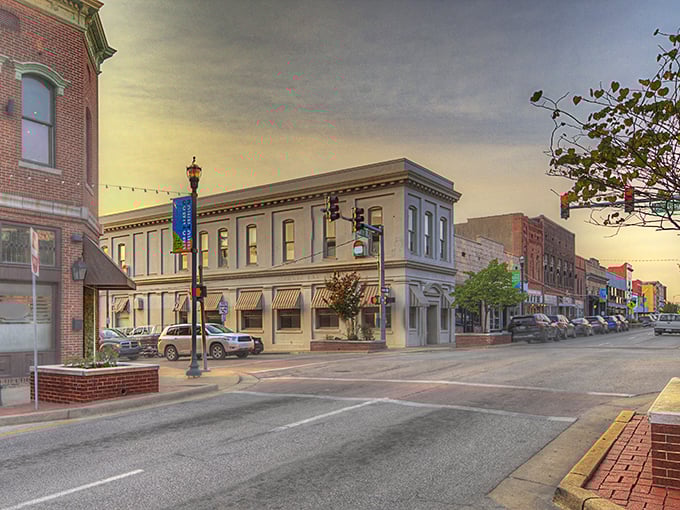 Downtown Trumann at golden hour – where historic brick buildings and modern life blend into a Norman Rockwell painting come to life.