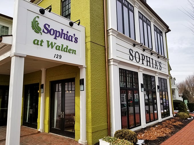 The cheerful yellow exterior of Sophia's at Walden stands out like a culinary lighthouse, beckoning hungry travelers to the shores of brunch paradise.