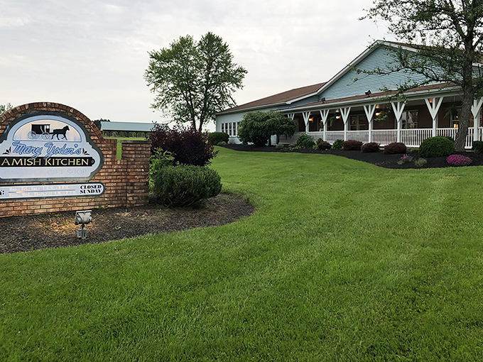 The welcoming facade of Mary Yoder's stands like a culinary lighthouse in Amish country, promising comfort food salvation after your journey through Ohio's countryside.