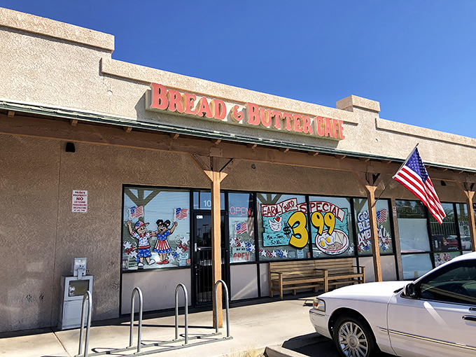 The unassuming exterior of Bread & Butter Café proves once again that culinary treasures often hide in plain sight, complete with patriotic flair.