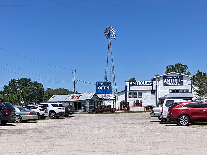 Under clear Florida skies, the antique section stands sentinel with its classic windmill – a beacon for vintage enthusiasts and nostalgia seekers alike.