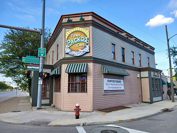 The iconic corner building that houses Tony Packo's stands proudly in Toledo, its vintage sign and green awnings beckoning hungry visitors like a Hungarian siren song.