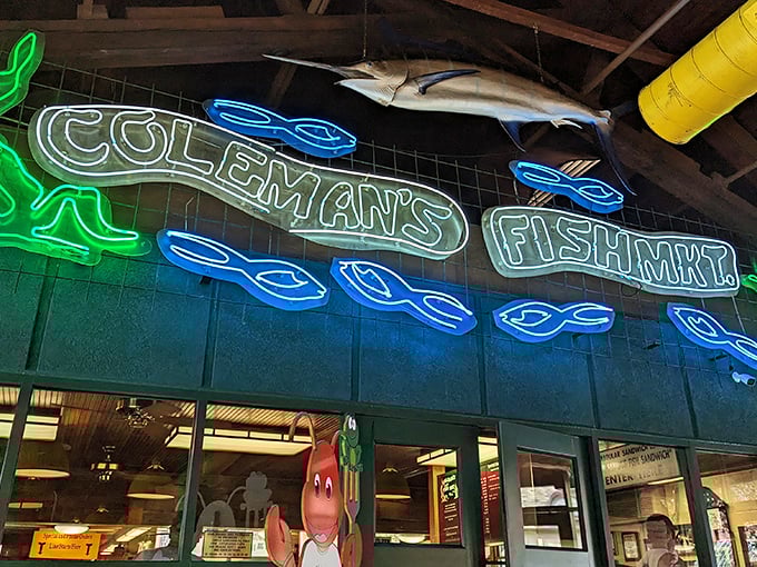 Another angle of Coleman's legendary signage, complete with a mounted fish that seems to say, "Yes, this is the real deal." No fancy frills needed.